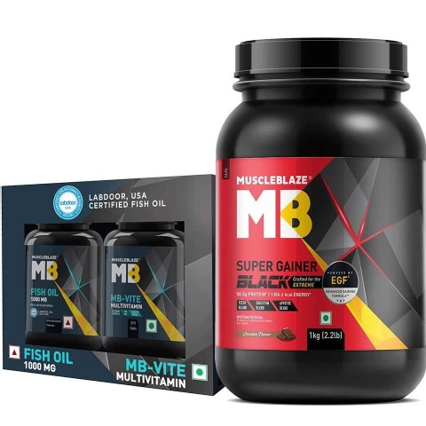 MuscleBlaze Super Gainer Black 1kg Chocolate with Fish Oil 1000mg 30 ...